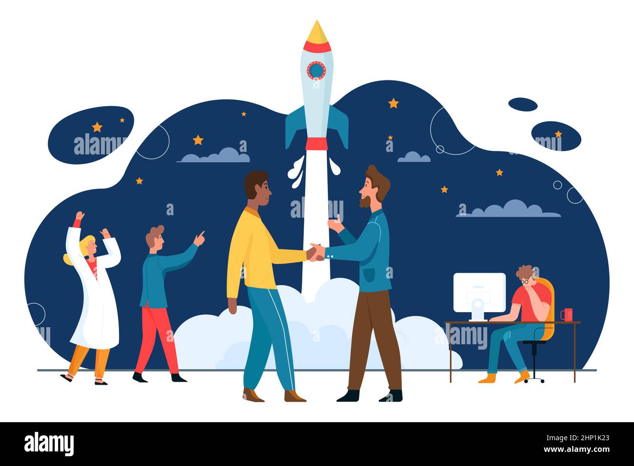 Business development, partner cooperation to launch startup. Team of tiny happy office ...