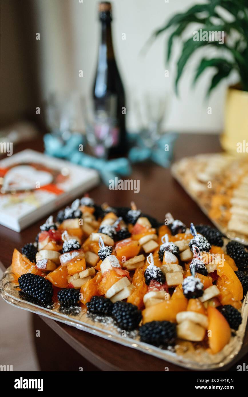 welcome buffet with alcohol and snacks, sandwiches, cupcakes Stock ...