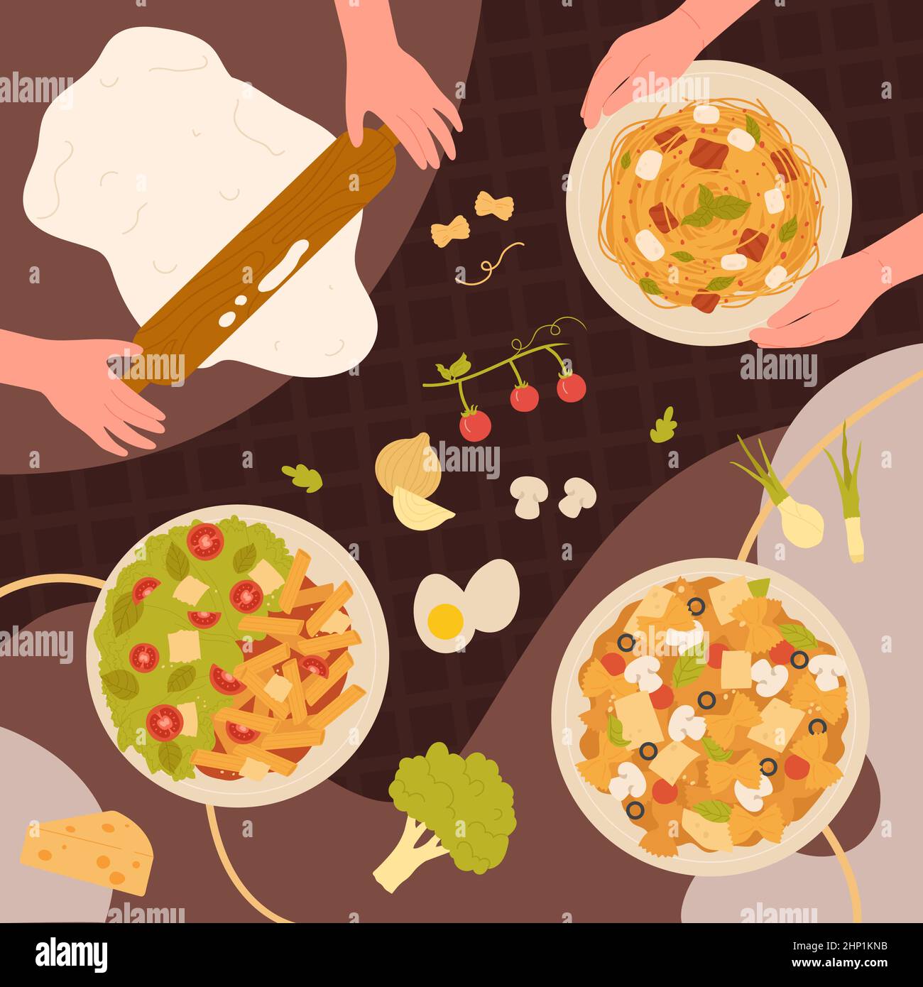 Master class on cooking pasta with chefs. Hands rolling dough with ...