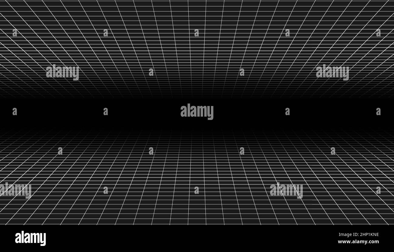 Wireframe perspective grid. White infinity mesh on black background ...