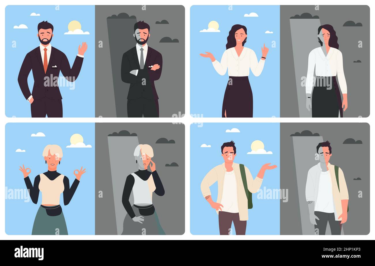 Good or bad mood set vector illustration. Cartoon sad unhappy business ...