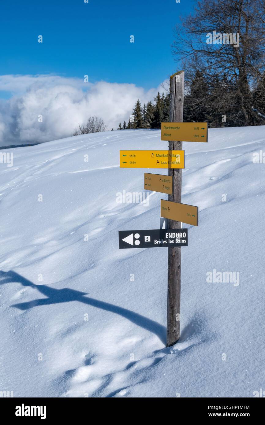 Walking route signs around Méribel Village, France Stock Photo - Alamy