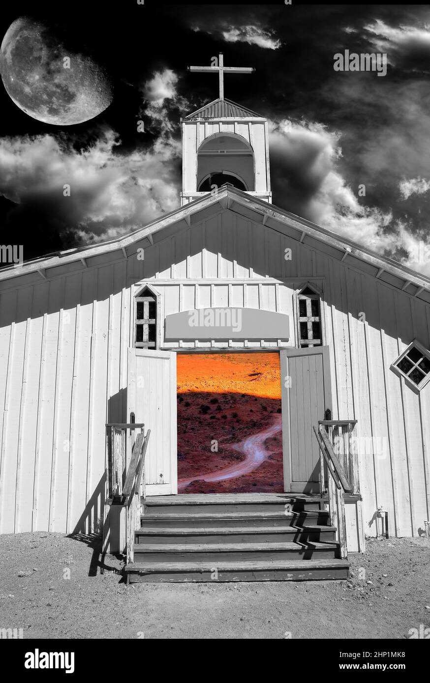 Surreal wooden church with night moon Stock Photo - Alamy