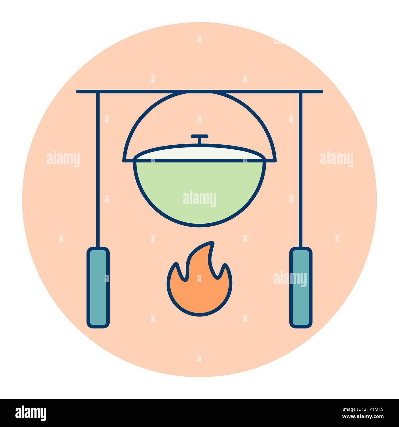 Camping pot over a bonfire vector isolated icon. Hiking sign. Graph ...