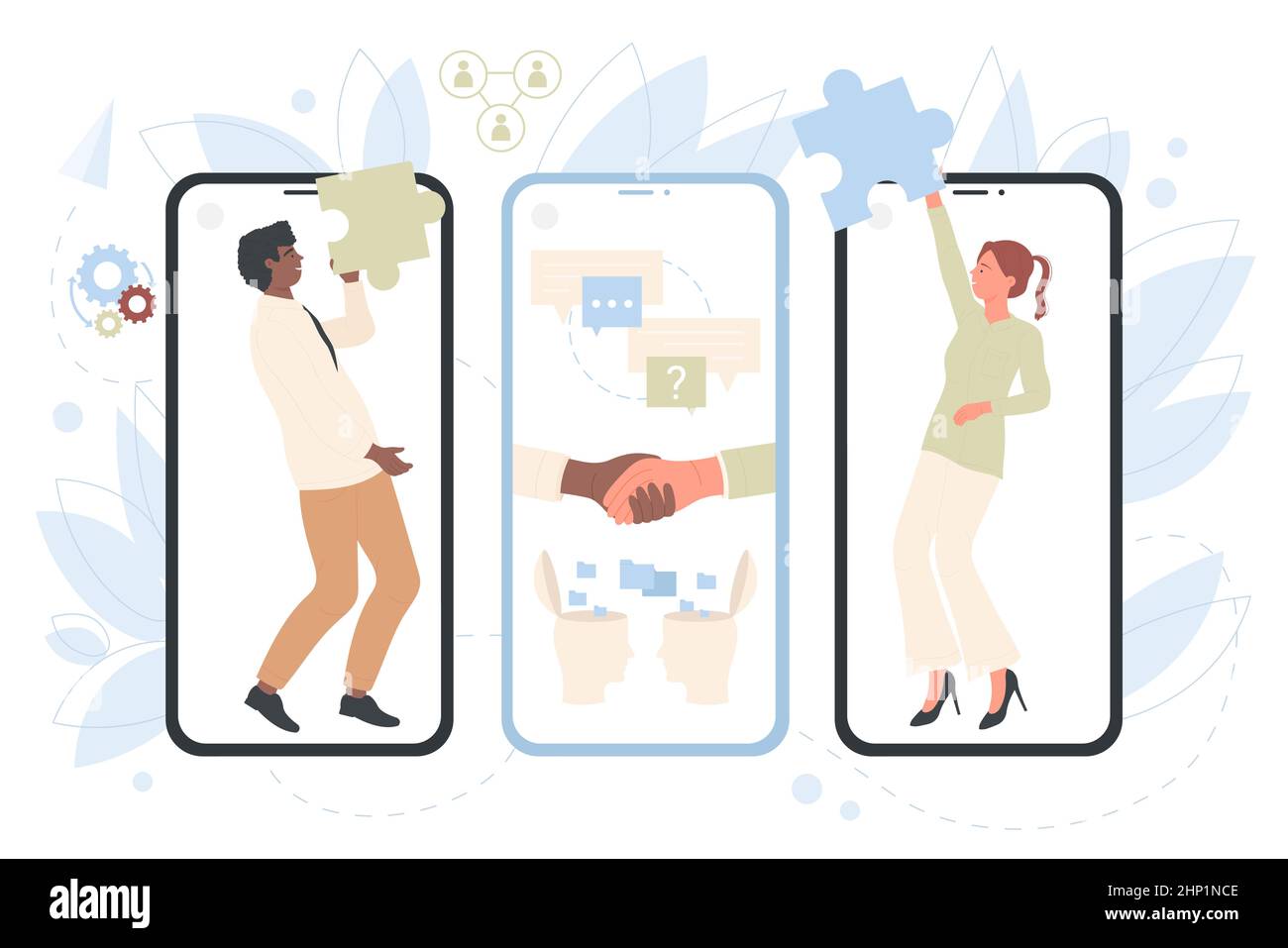 Business people with puzzles and handshake on screens of mobile phones ...