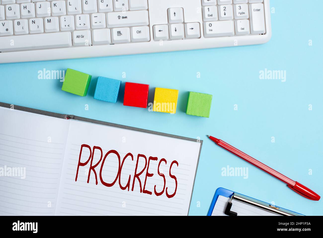 Sign displaying Progress, Business overview development towards an ...