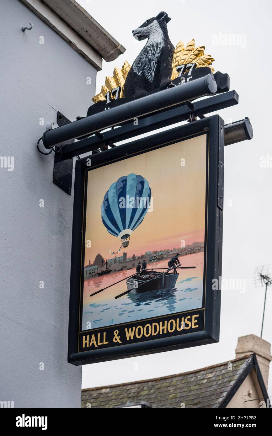 Sign of Hall & Woodhouse pub, Topsham Village, Devon, UK Stock Photo ...