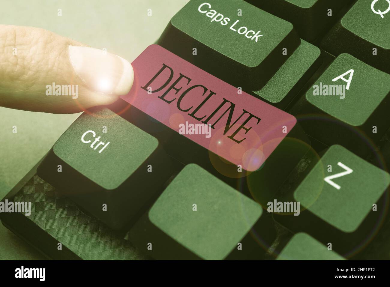 Hand writing sign Decline, Word Written on Become smaller fewer less ...