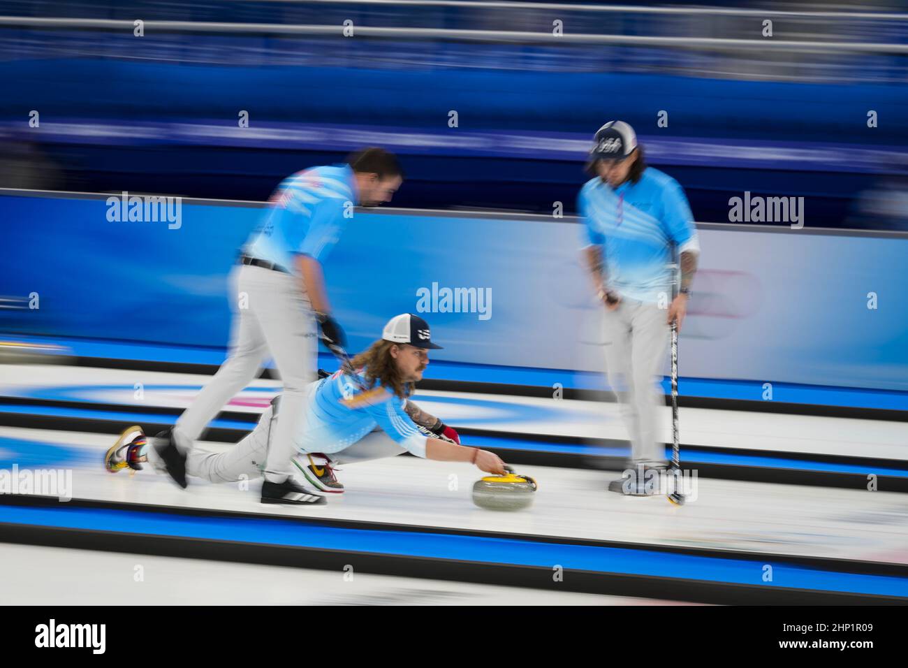 Beijing, China. 18th Feb, 2022. Team USA Skip Matt Hamilton delivers ...
