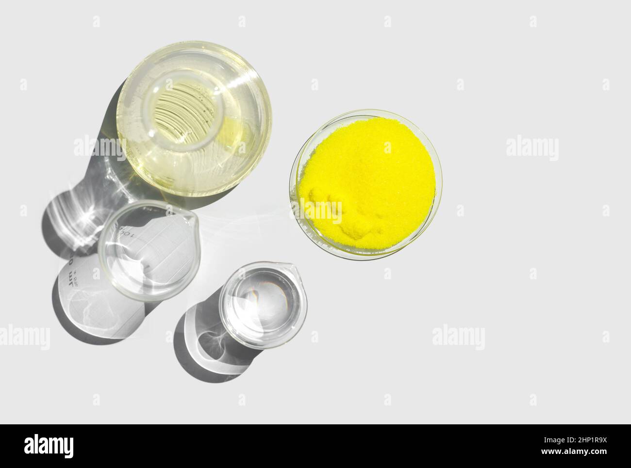 Closeup chemical ingredient on white laboratory table. Potassium ...