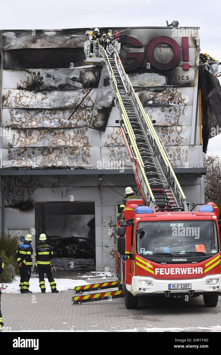 Munich, Germany. 18th Feb, 2022. Fire engines fight the fire of a ...