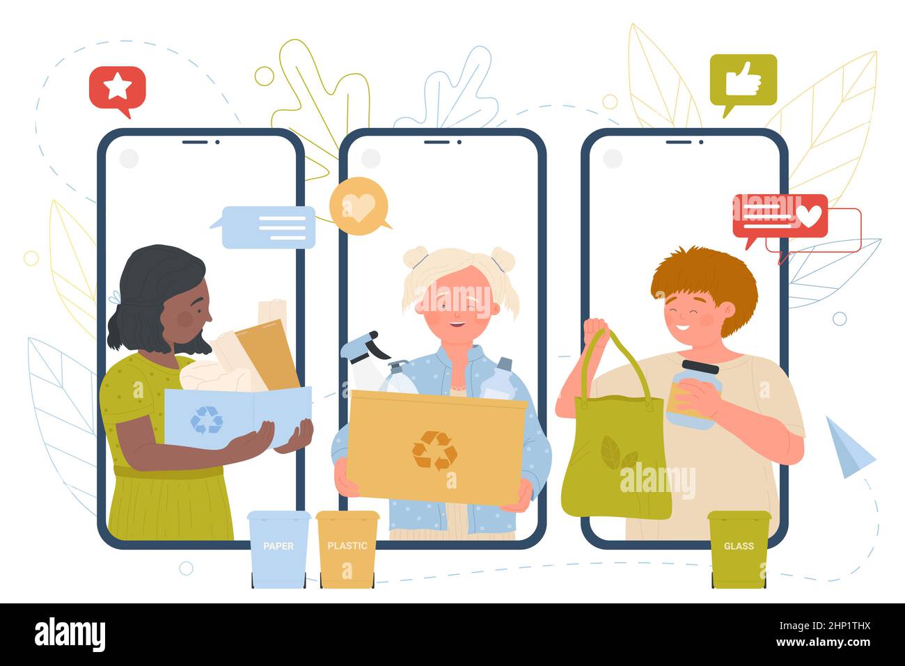 Kids sorting plastic, glass and paper on screens of mobile phones ...