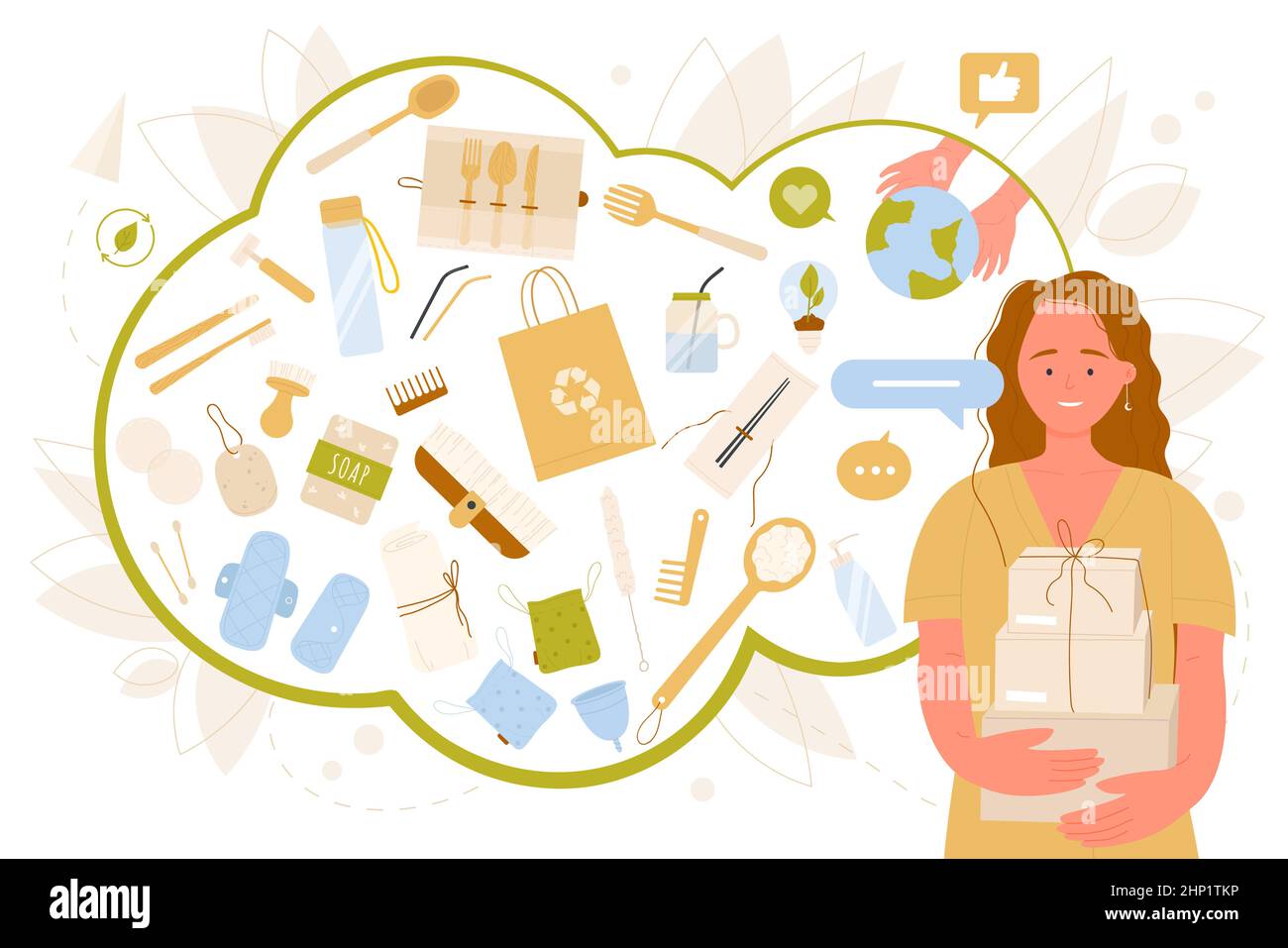 Girl with paper boxes and with collection of reusable hygiene items ...