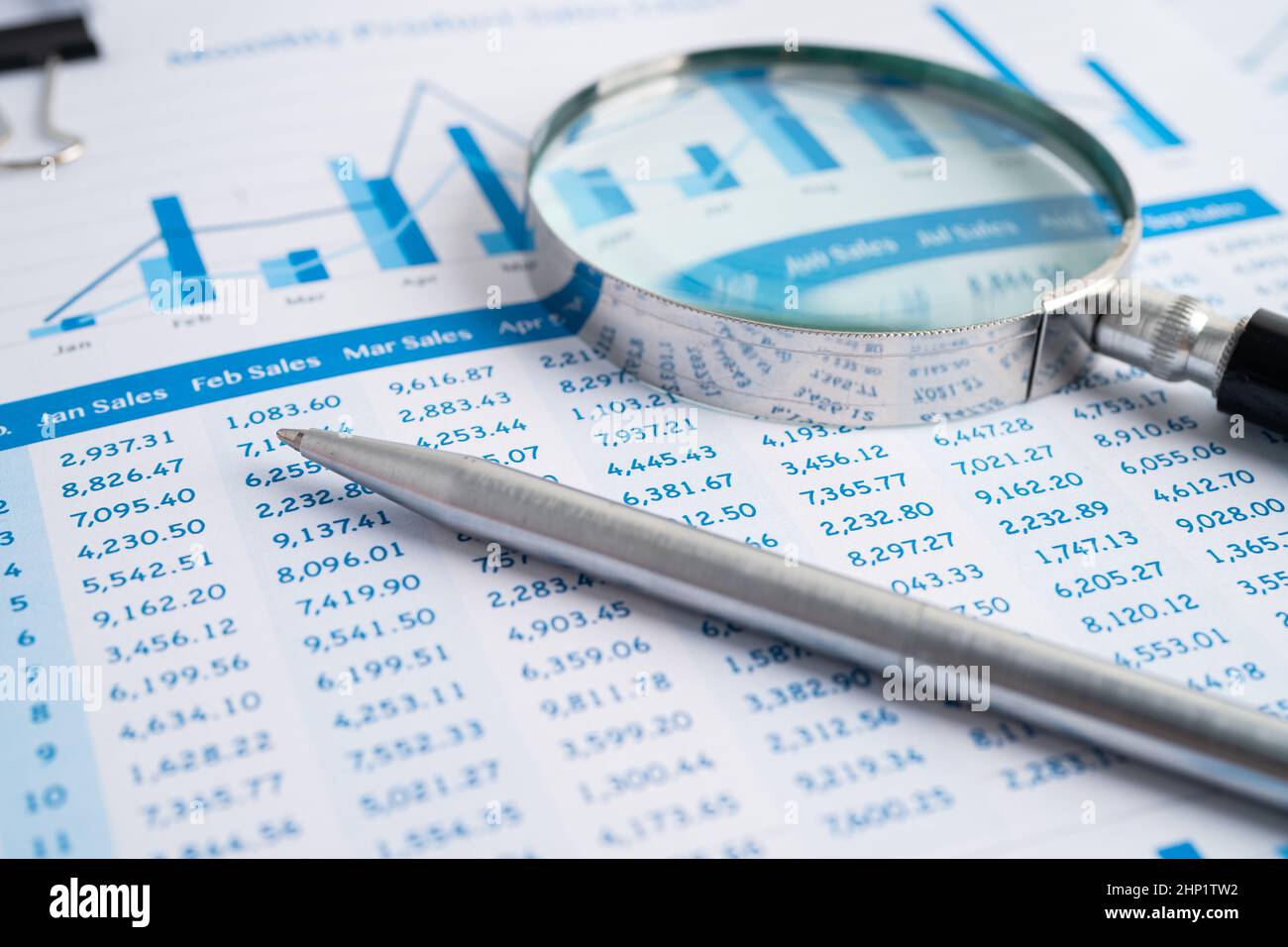 Magnifying Glass On Charts Graphs Paper Financial Development Banking