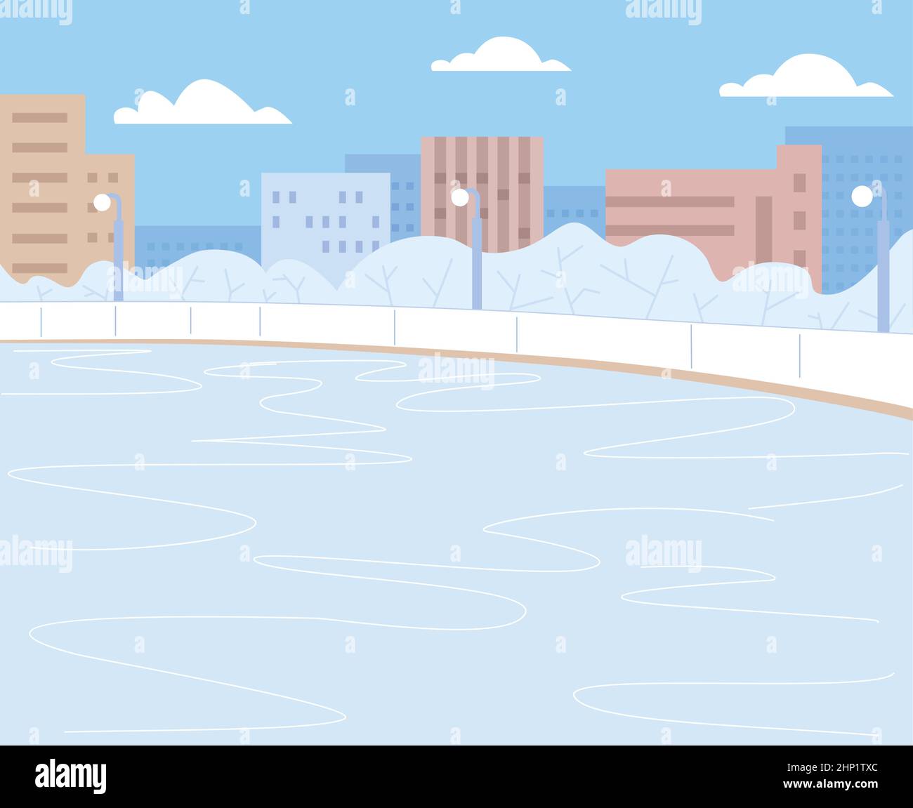 Urban ice rink background. City skating scene landscape isolated on ...