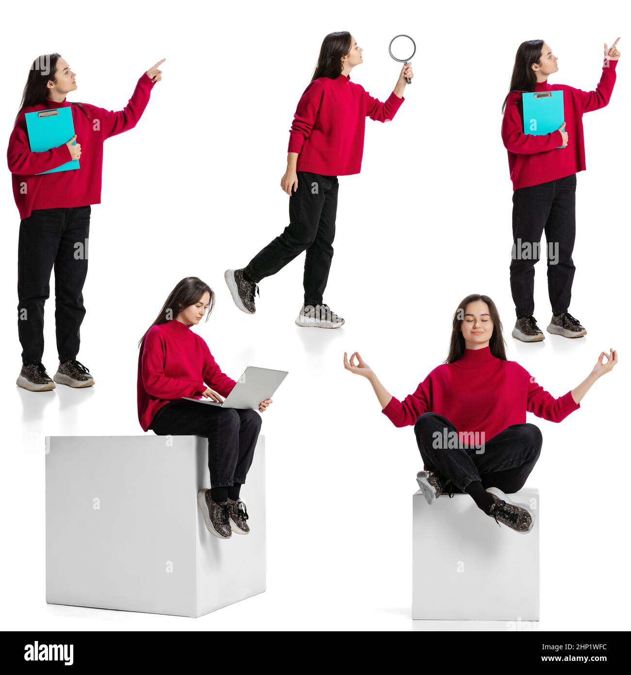 Collage. Young motivated girl, trainee, student isolated over white ...