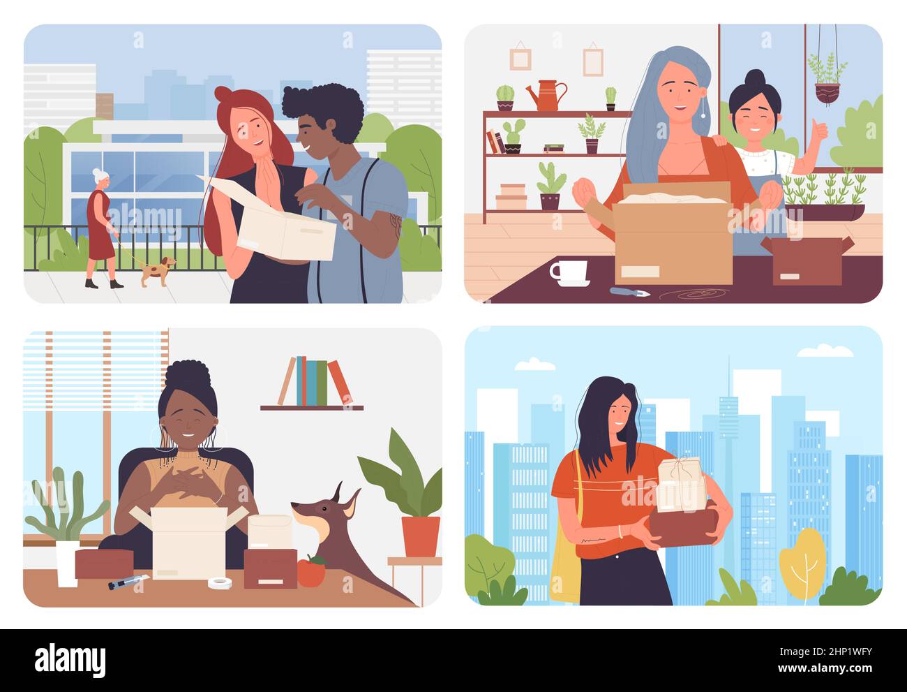 People unboxing cardboard box, enjoy opening parcel set vector ...