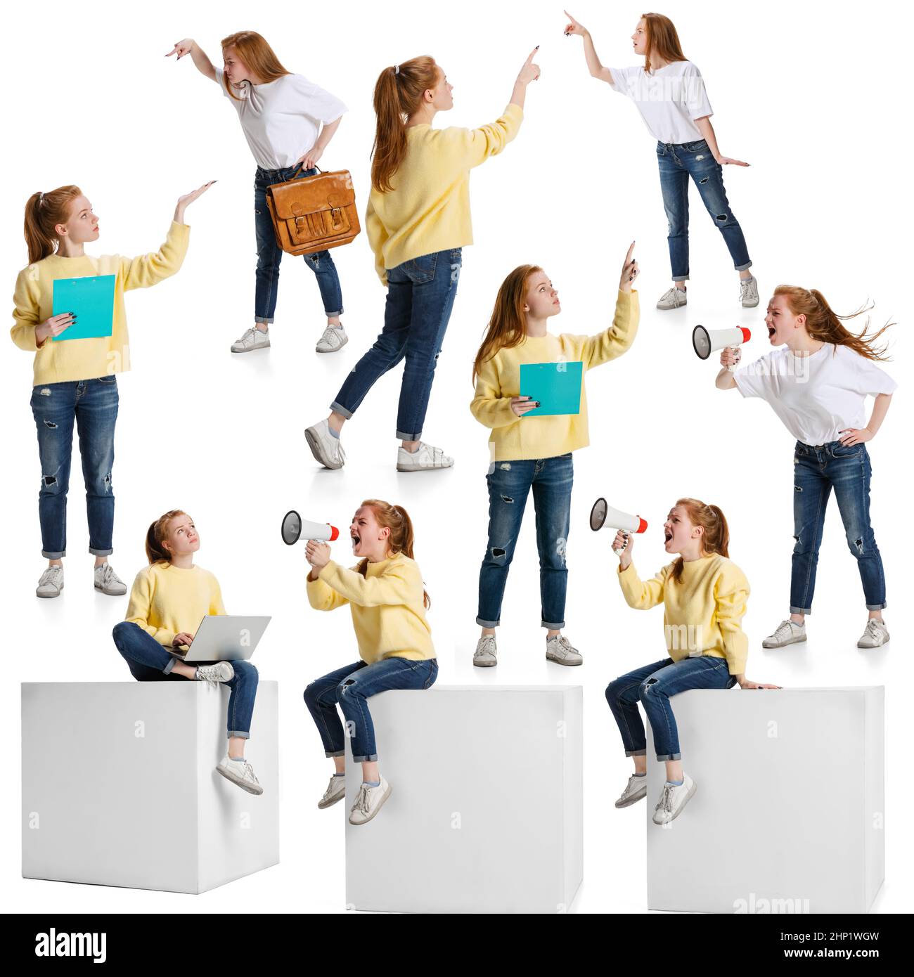 Collage. Young active girl, student and trainee making presentation or ...