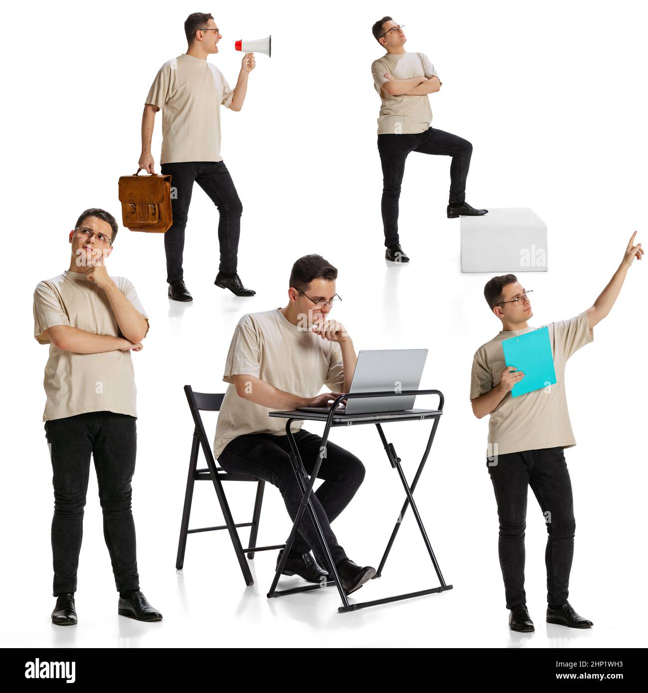 Collage. Young man, employee, professional software developer working ...