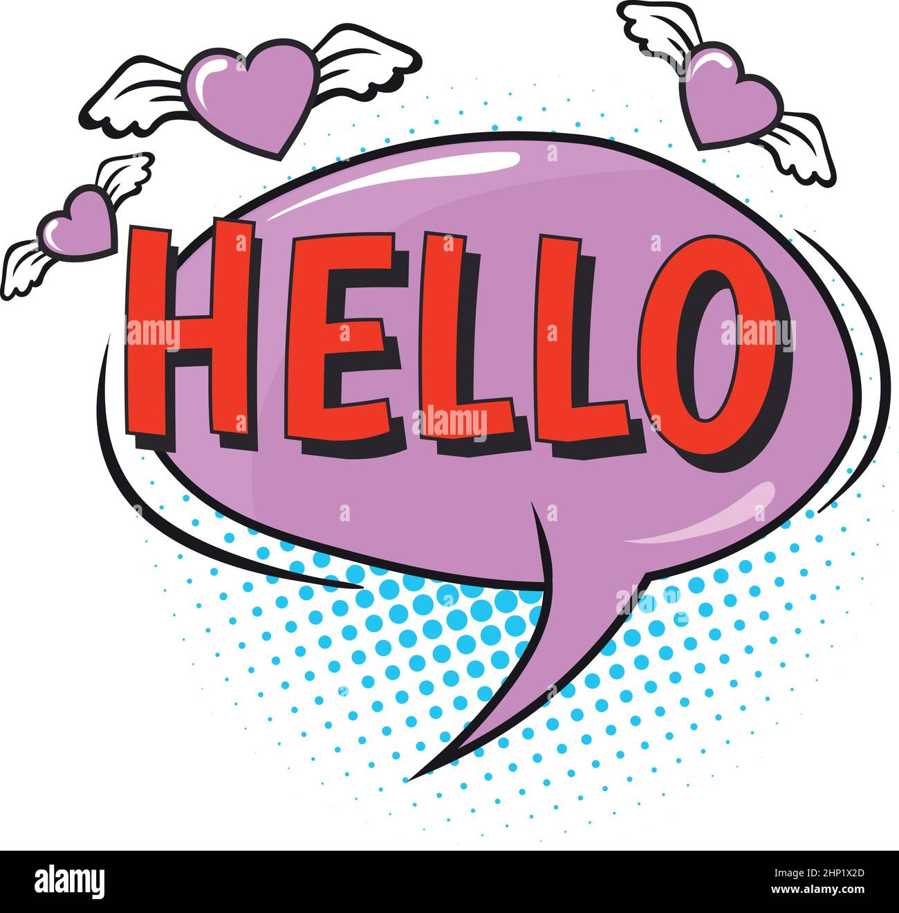 Hello chat message in retro comic style with flying hearts isolated on ...