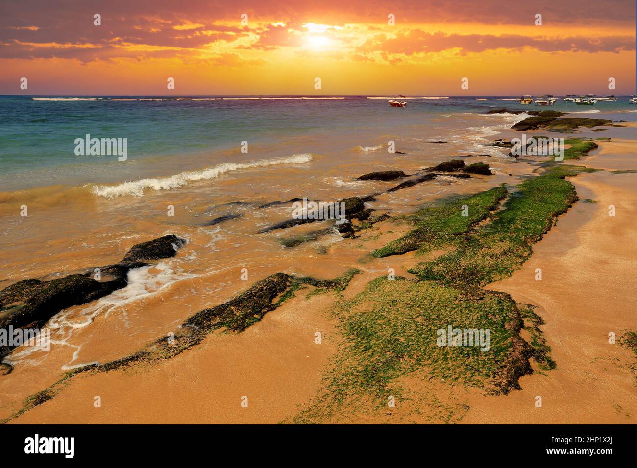 Susnet landscape over ocean shore in Hiikaduwa, Sri Lanka Stock Photo ...