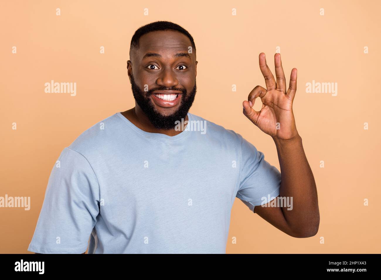 Portrait of attractive cheerful guy showing ok-sign advert ad deal done ...