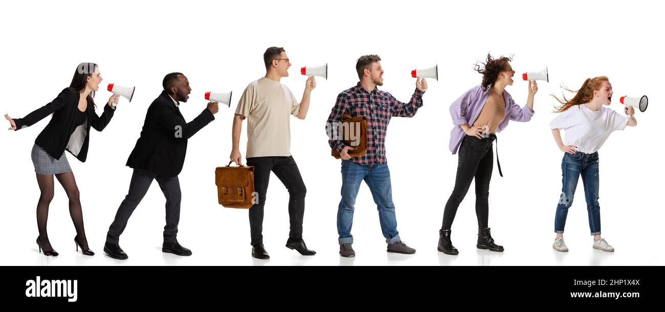 Collage. Business people, employees, office workers shouting in ...