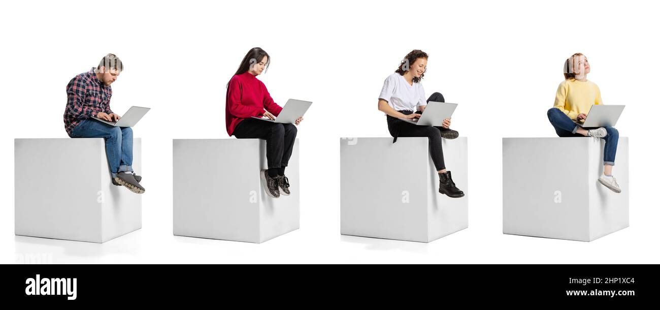 Collage. Young employees working on laptop, software developers working ...