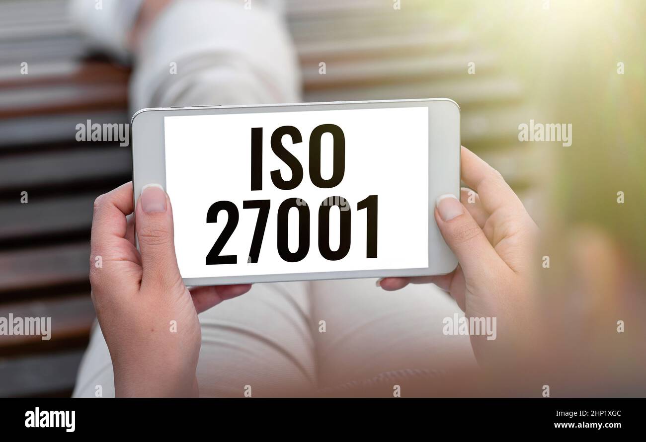 Hand writing sign Iso 27001, Business idea specification for an ...