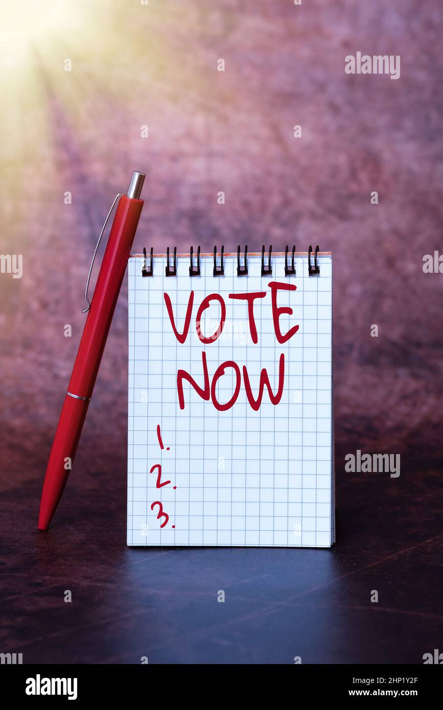 Writing displaying text Vote Now, Business overview formal indication ...
