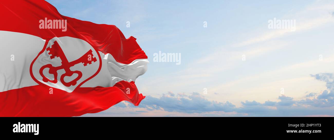 flag of Leiden , Netherlands at cloudy sky background on sunset ...