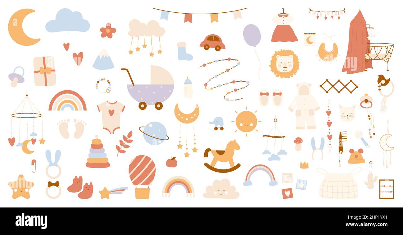 Boho baby clipart set for newborn girls and boys. Cartoon nursery ...