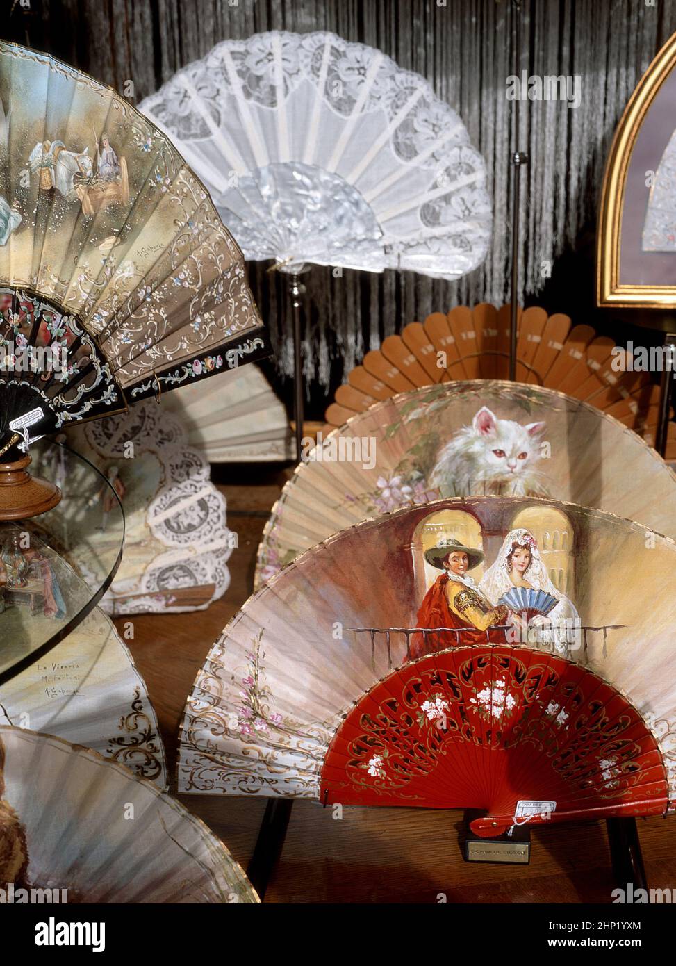 Madrid, Spain. Fans in shop window - Case de Diego - Puerta del Sol ...