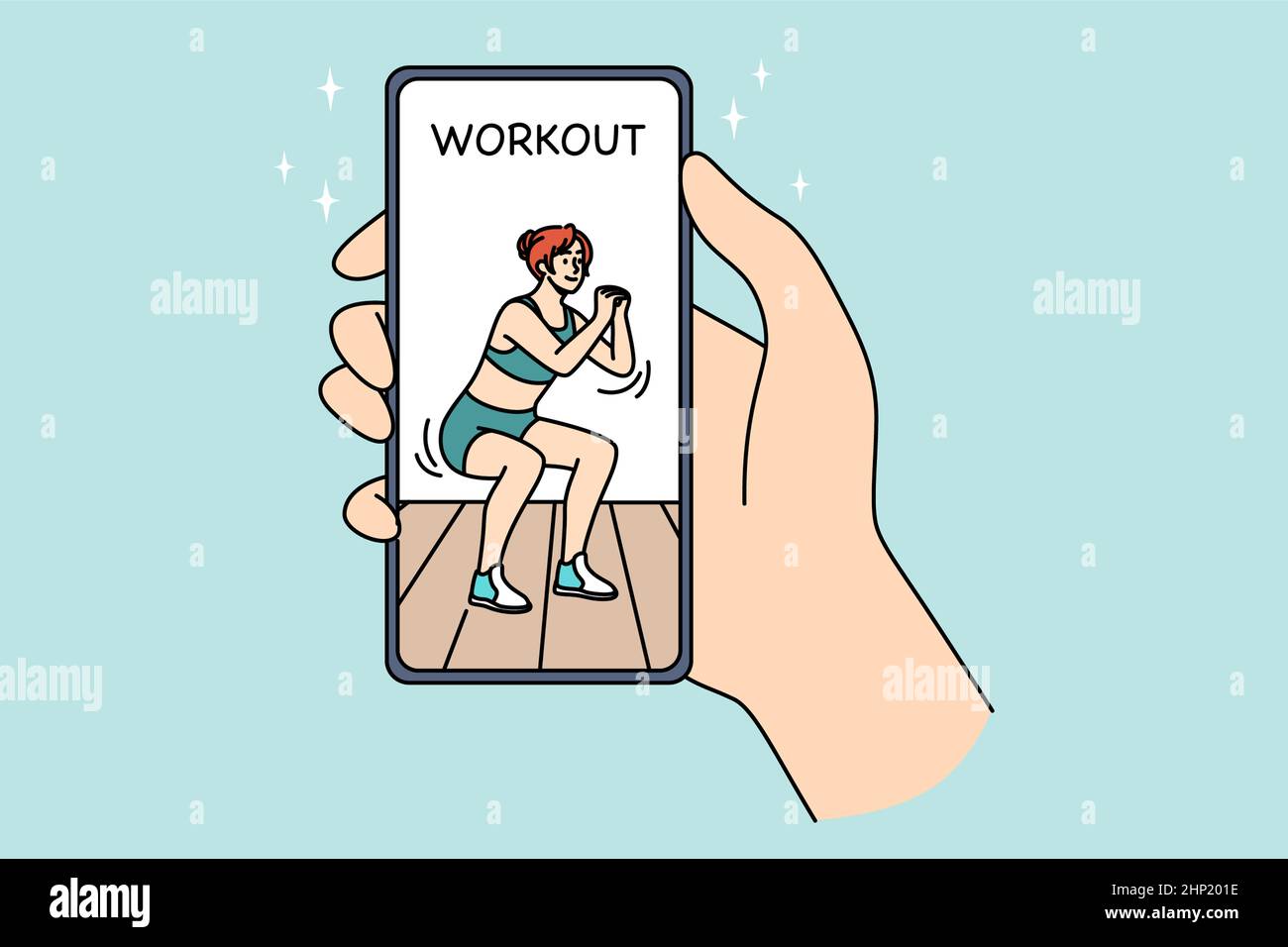 Online workout and sport concept. Human hand holding smartphone with ...