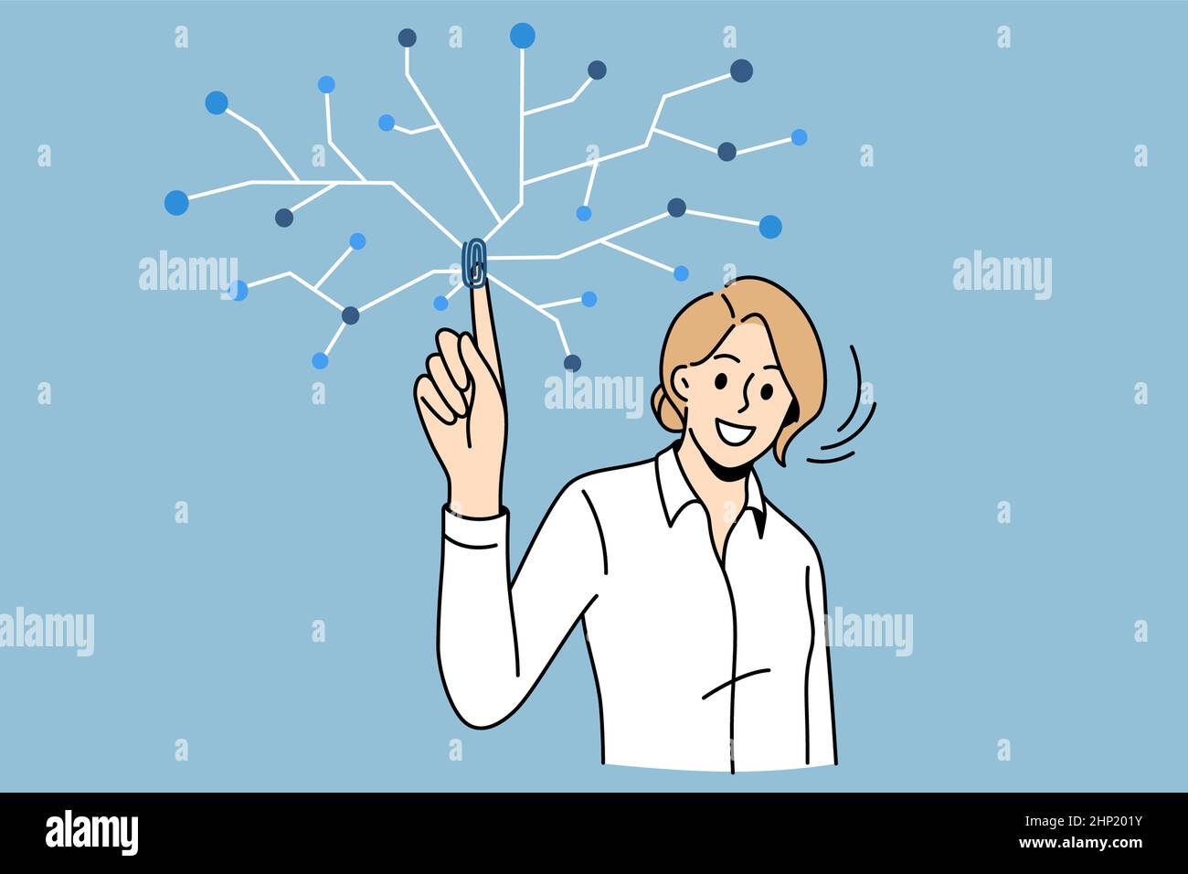 Touch finger identification and safety concept. Young smiling woman ...