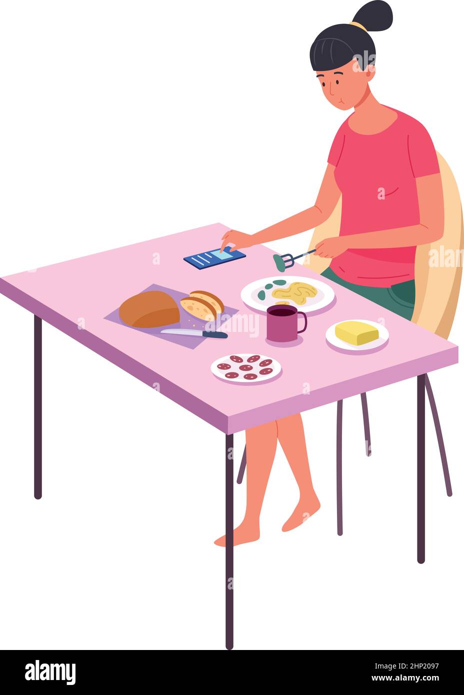 Girl eating and using smartphone. Digital addiction concept isolated on ...