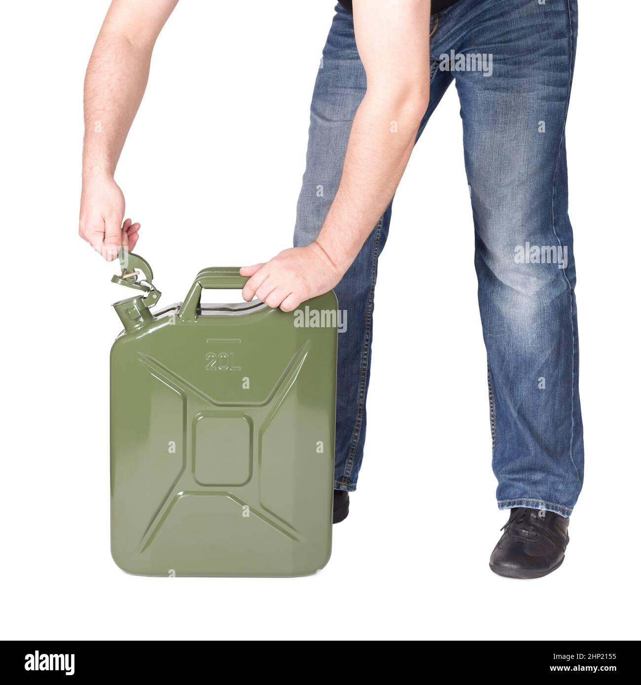 Man opening jerry can. Isolated on white Stock Photo - Alamy