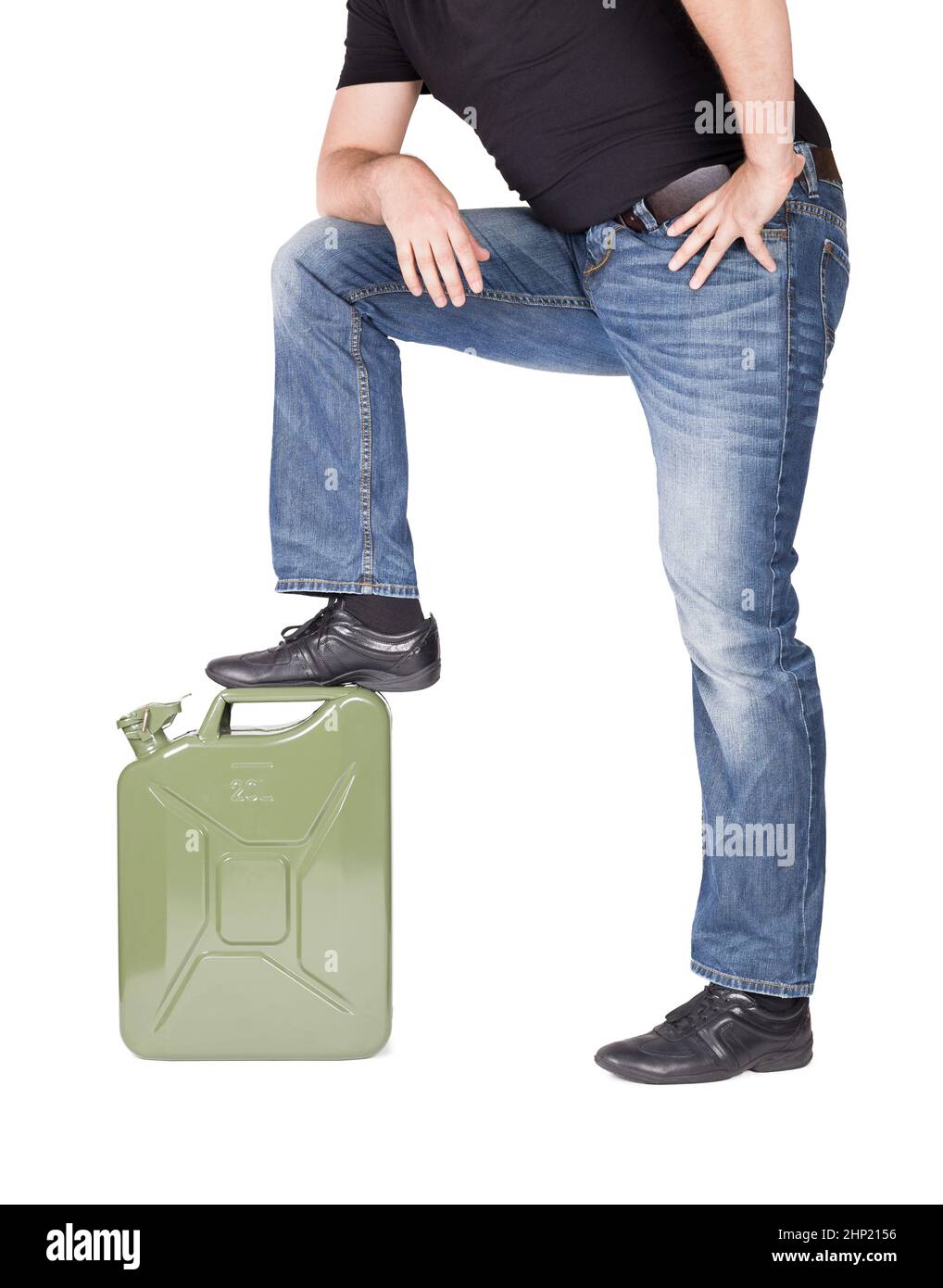 Man opening jerry can. Isolated on white Stock Photo - Alamy