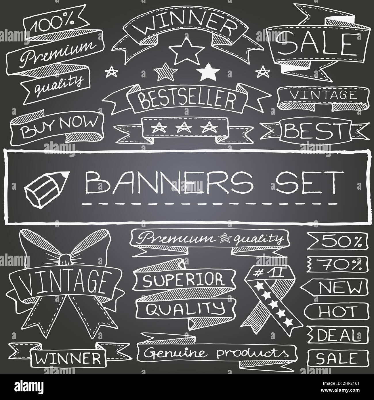 Handdrawn banner and tag icons with captions and stars, chalkboard ...