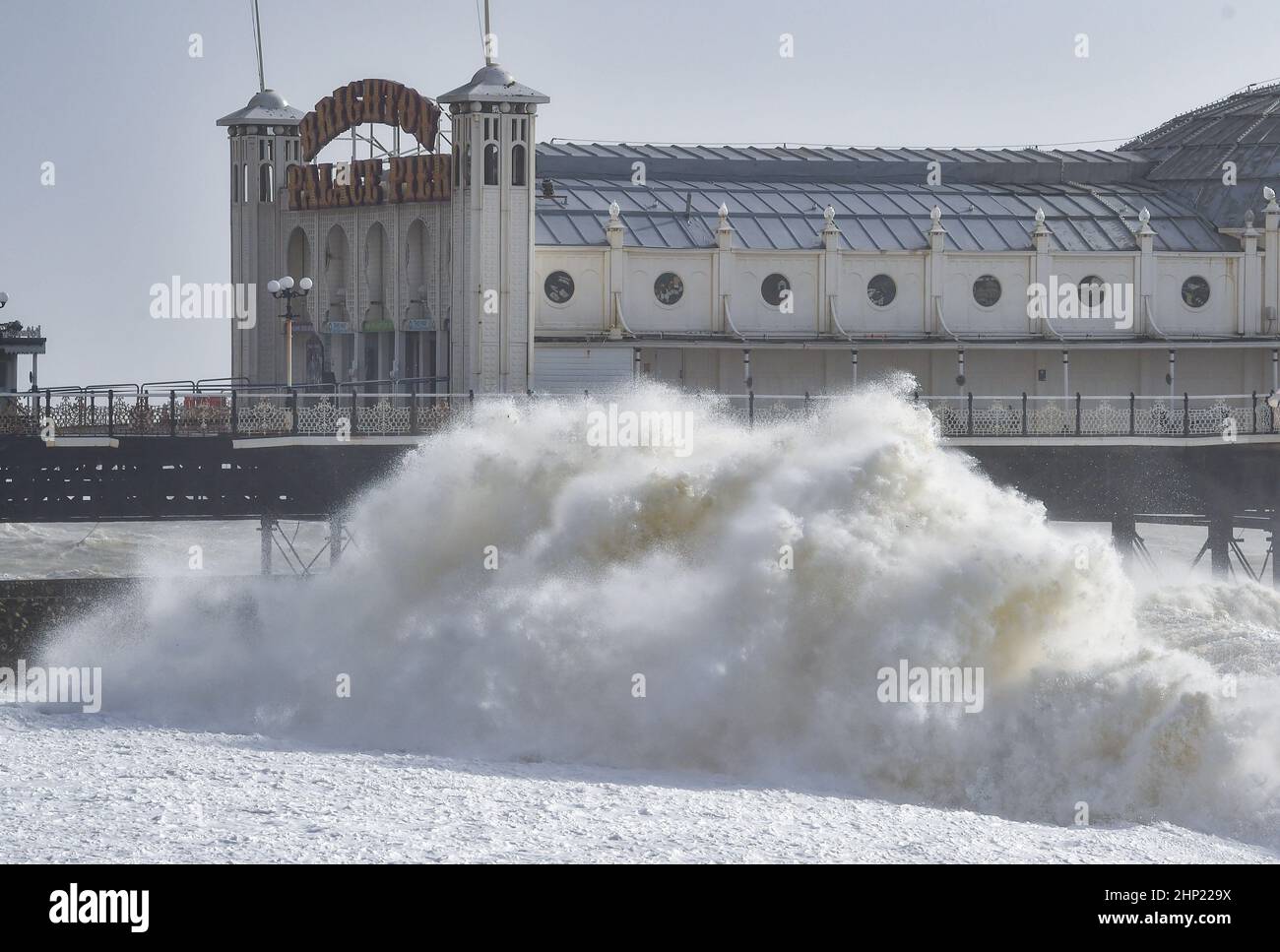 Brighton , UK 18th February 2022 - Huge waves crash in by Brighton ...