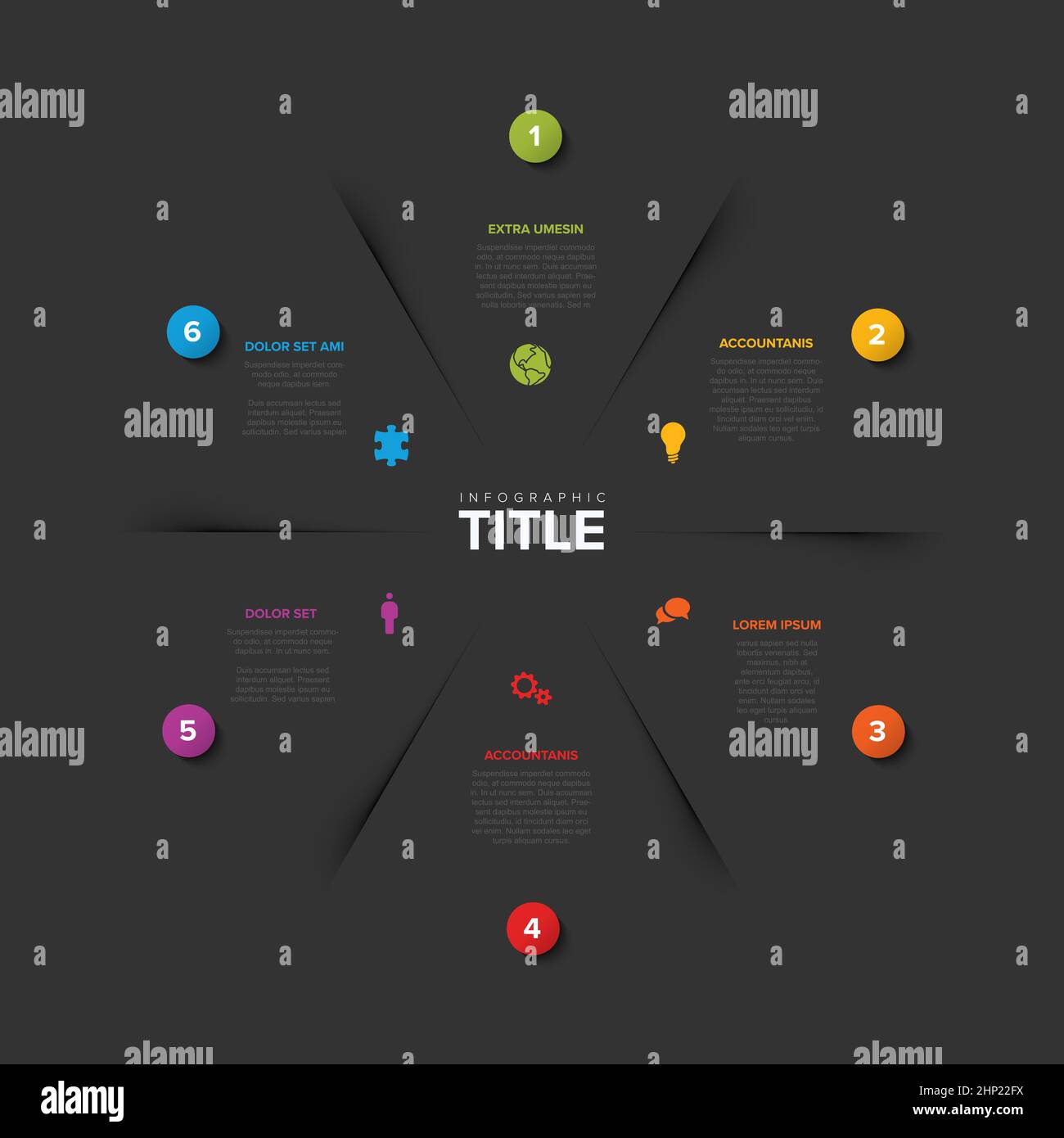 Abstract schema template with six step sections on dark gray background ...