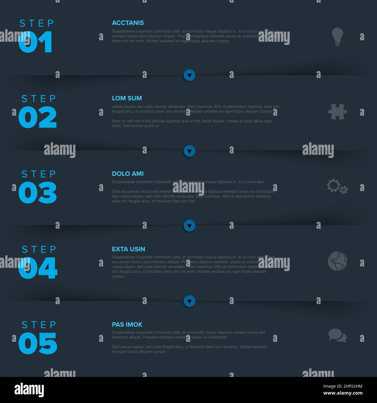 Five vector progress block steps template with descriptions, big numbers. Five dark blue ...