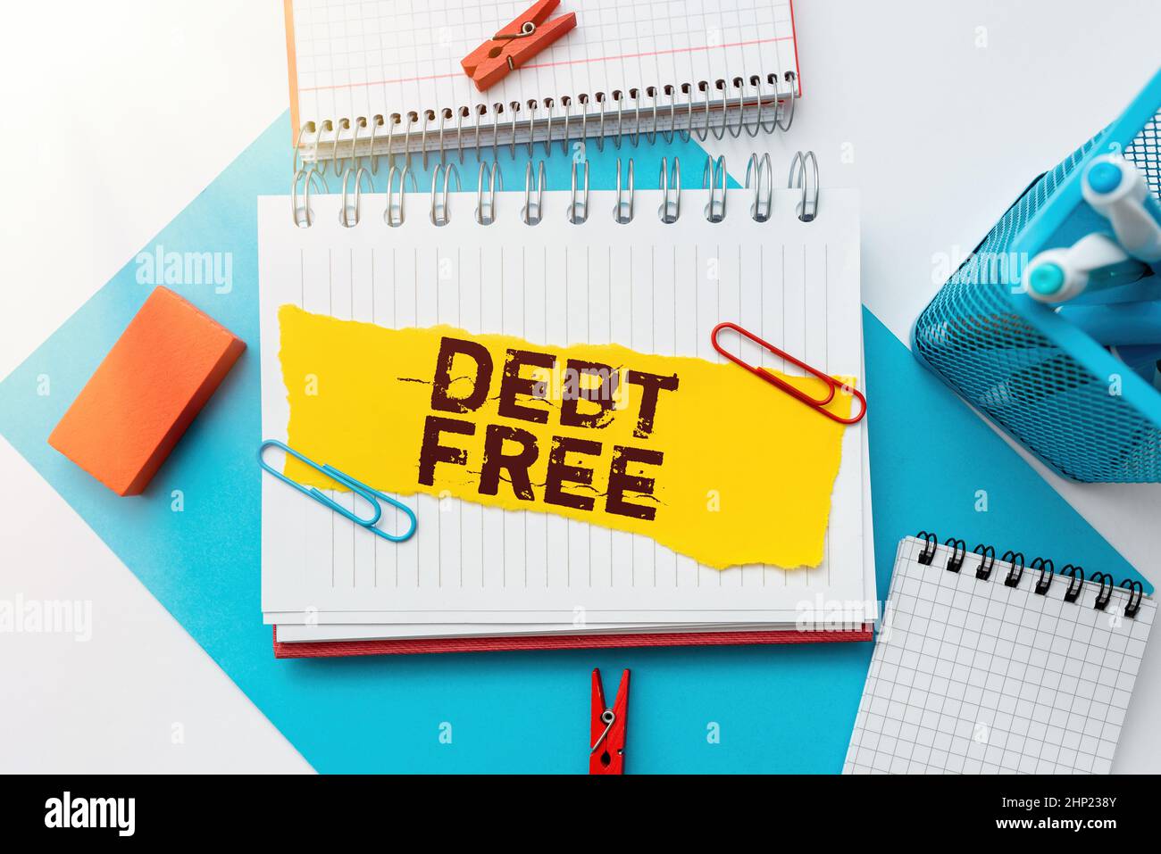 Sign displaying Debt Free, Business overview free from owning any money ...