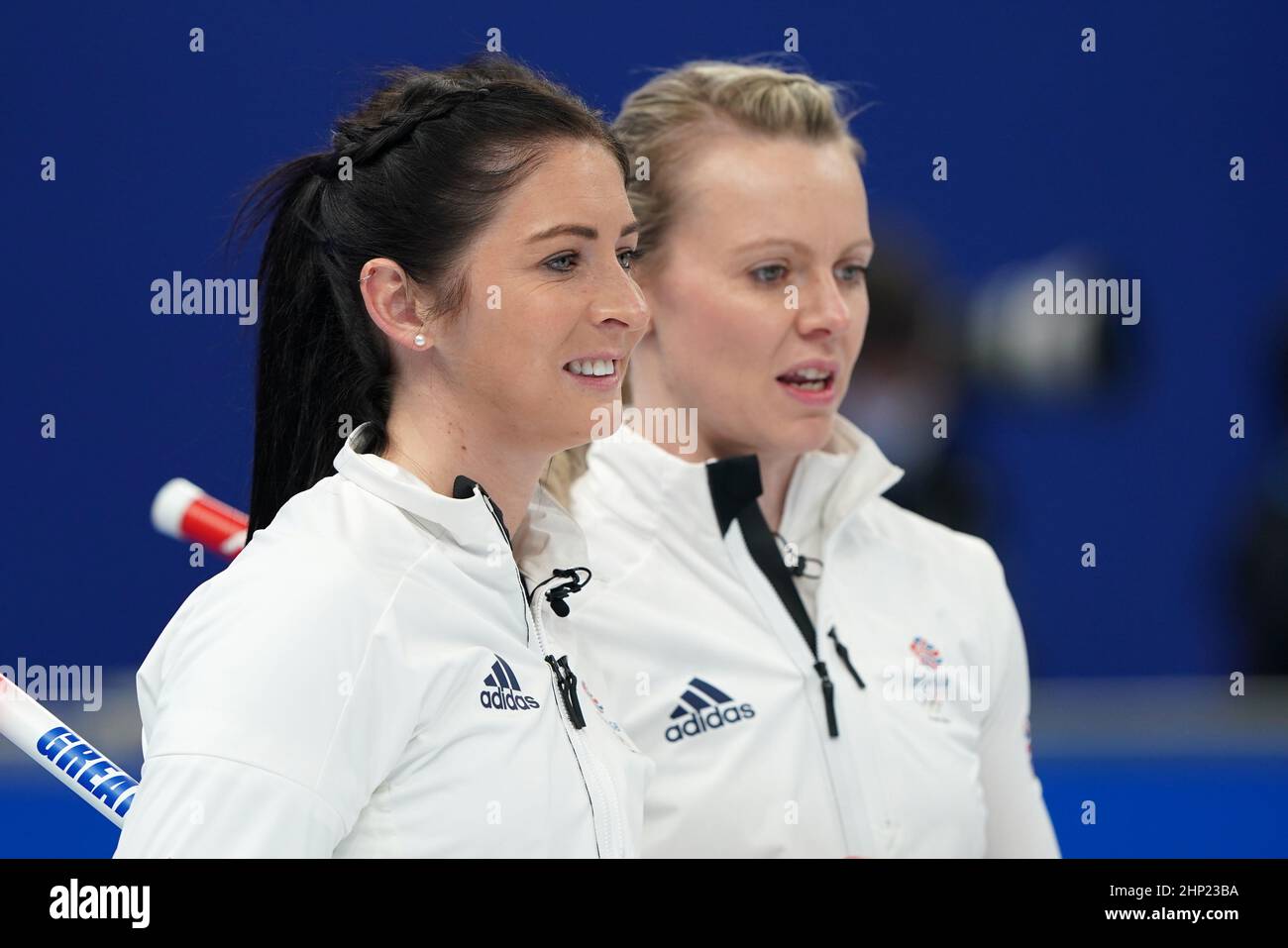 Great Britain's Eve Muirhead (left) and Vicky Wright in the first end ...