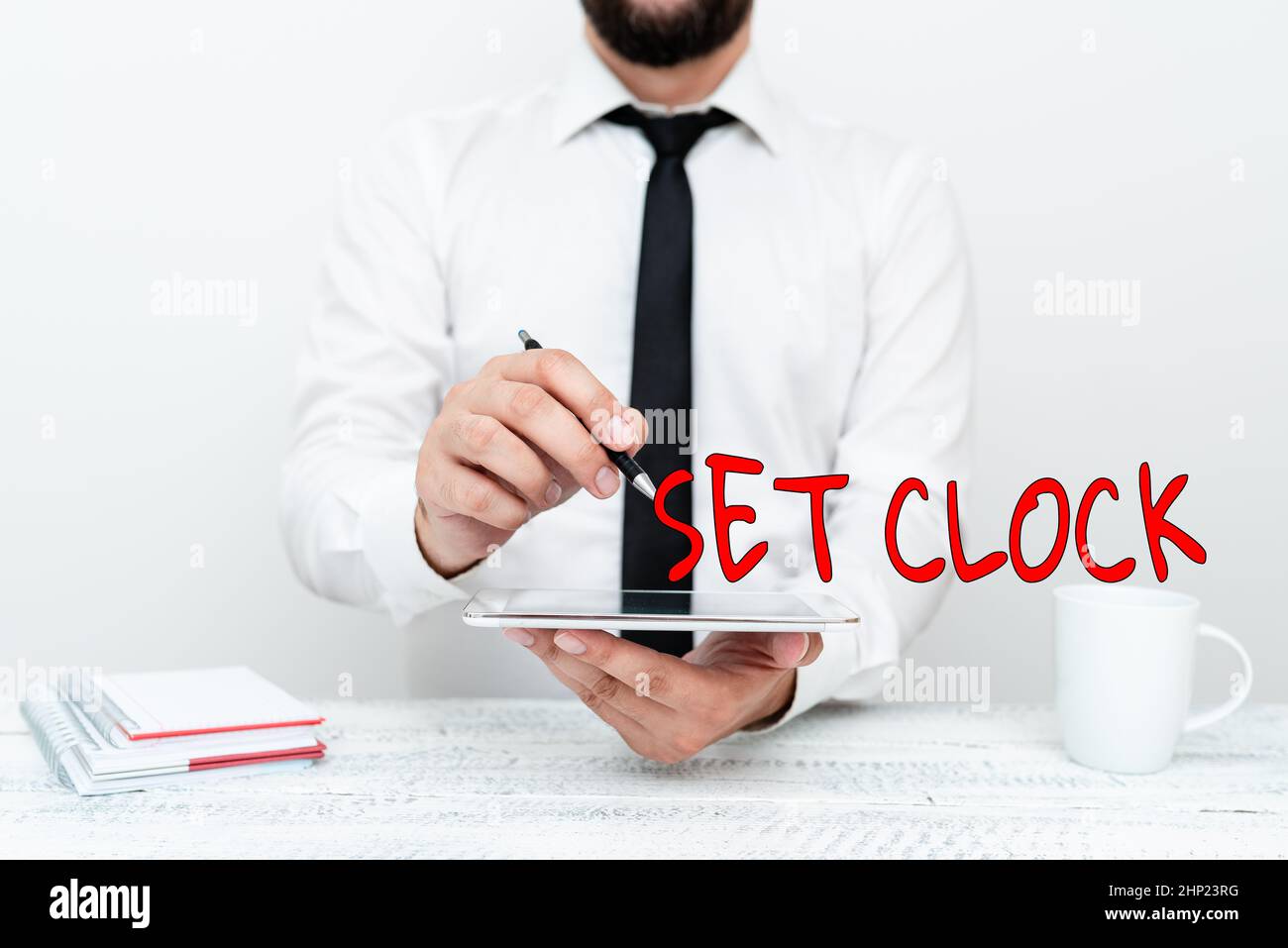 Conceptual caption Set Clock, Word Written on put it to the right time ...