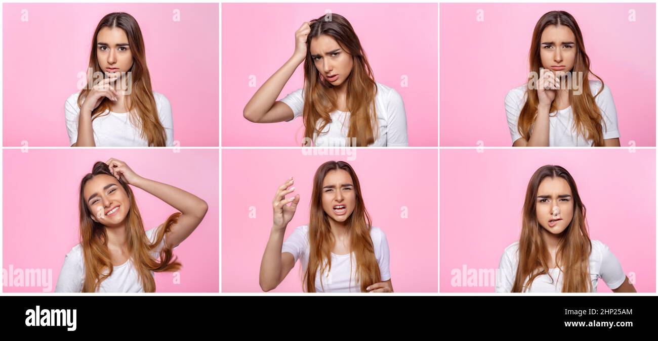 set of portrait of beautiful young woman with different emotions on ...