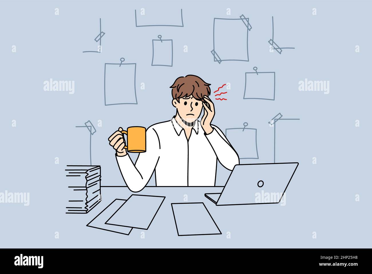 Office job and headache concept. Young man office worker sitting at ...