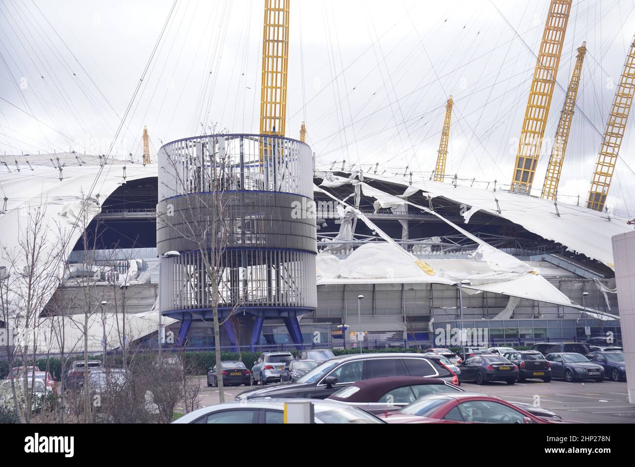 Damage to the roof of the O2 Arena, in south east London, caused by ...