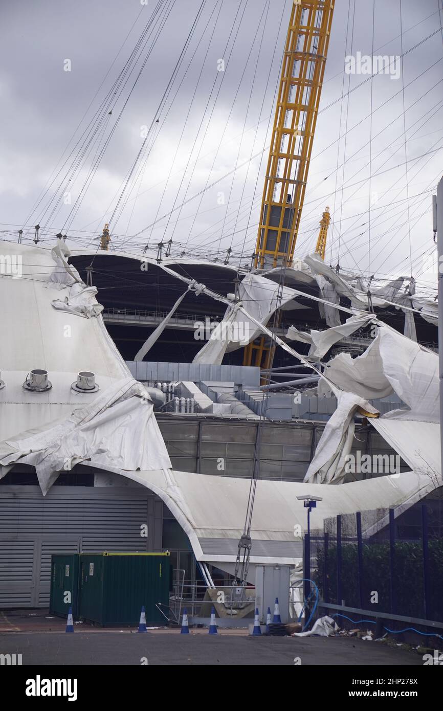 Damage to the roof of the O2 Arena, in south east London, caused by ...