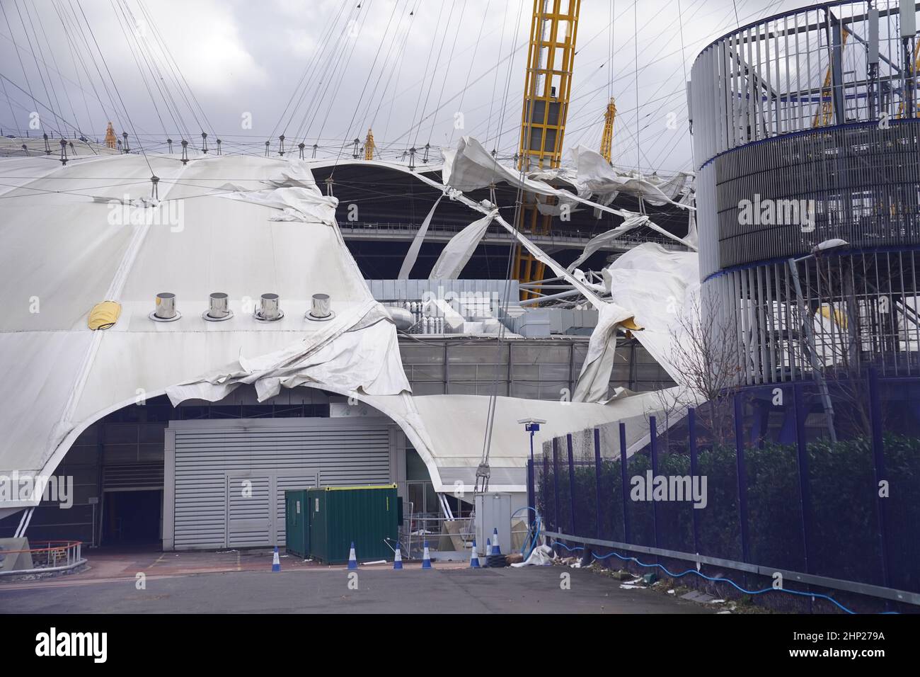 Damage to the roof of the O2 Arena, in south east London, caused by ...